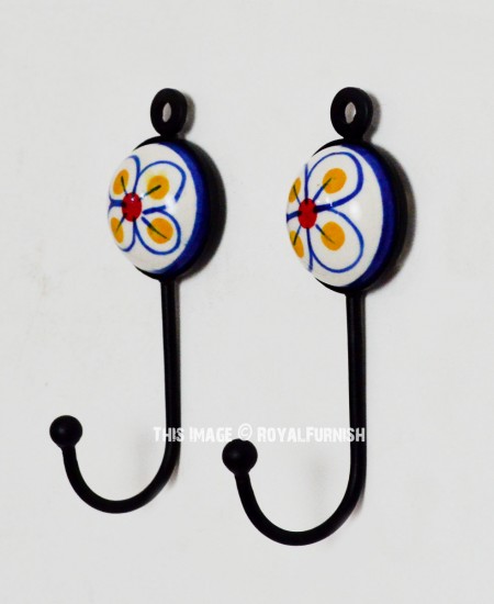 Wild Flower Ceramic Round Key Hook Set of 2 - RoyalFurnish.com